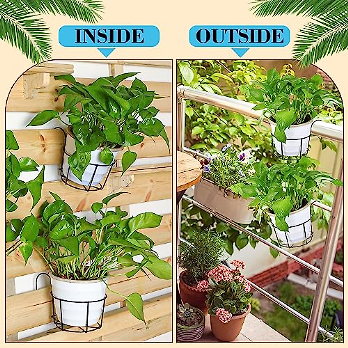 Dandat 24 Pcs Hanging Railing Planters 6 Inch Flower Pot Holders Black Potted Stand Railing Planter Iron Rack Balcony Planter Basket Small Shelf Container for Indoor Outdoor Balcony Fence Garden
