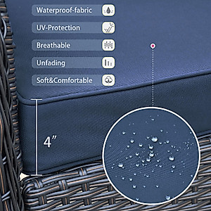 Set of 2 Wicker Ottomans, Outdoor Wicker Footstool with Soft Zippered Cushions, 3-in-1 Function Footrest Seat & Side Table for Patio, Backyard, Balcony, Poolside (Navy Blue)