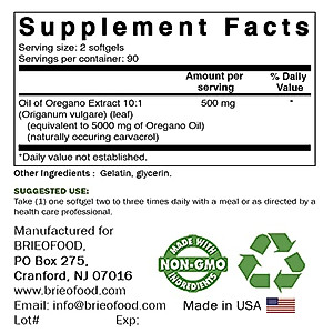 Brieofood Oregano Oil 5000mg/Serving - Contains Naturally Occuring Carvacrol - Healthy Immune Function - 180 Softgels