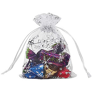 HRX Package 100pcs Snowflake Organza Gift Bags Christmas 3.5 x 4.7 inch, Small White Mesh Jewelry Pouches Little Drawstring Candy Bags