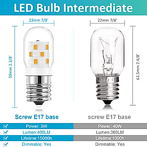 E17 LED Under Microwave Over Stove Light Bulb 125V Appliance 8206232A 40W Incandescent Equivalent, E17 Intermediate Base 3W Dimmable Light Bulb for Refrigerators, Range Hood, WarmWhite 3000K,2 Pack