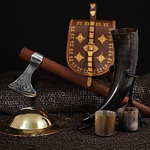 Mythrojan Drinking Horn Authentic Medieval Inspired Viking Wine/Mead Mug 650ml Bundle with Hand Forged Drinking Ale Horn Rack Twisted & Viking Norse Medieval Horn Shot Glass Pair