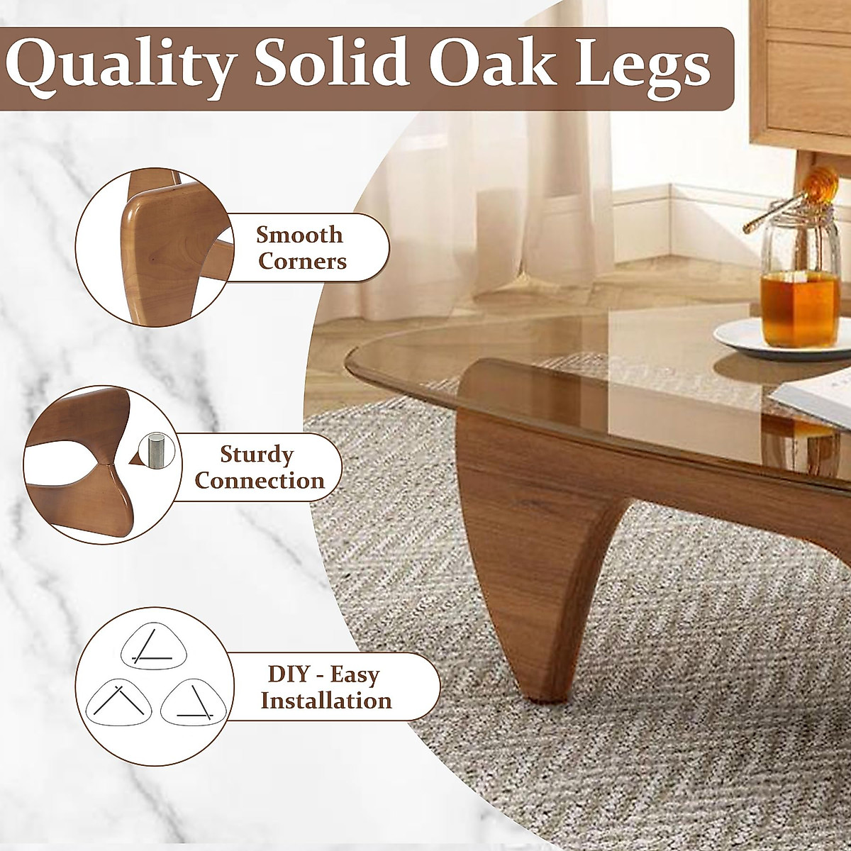 Mid-Century Modern Coffee Table - Triangle Glass Top Natural Wood Base Triangle Coffee Table for Living Room Patio Office Abstract End Tables (Walnut/Brown, Large 45 * 32.3 * 15.7)