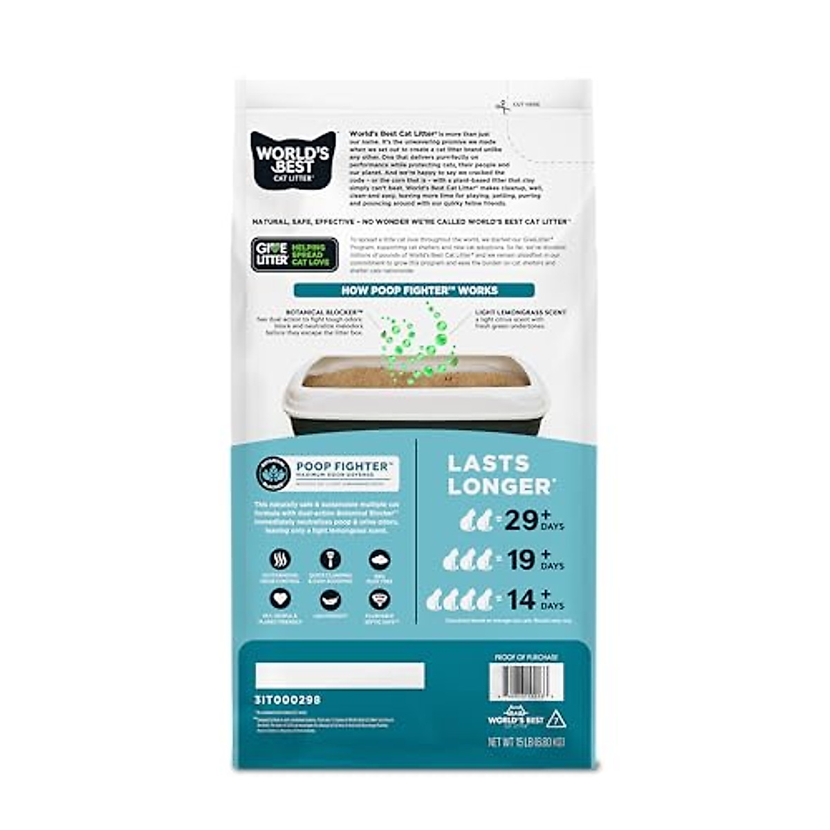 WORLD'S BEST CAT LITTER Poop Fighter Maximum Odor Defense, 15-Pounds - Natural Ingredients, Quick Clumping, Flushable, 99% Dust Free & Made in USA - Long-Lasting Odor Control & Easy Scooping