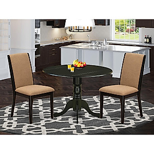 East West Furniture DLLA3-BLK-47 3 Piece Dining Table Set Contains a Round Dining Room Table with Dropleaf and 2 Light Sable Linen Fabric Upholstered Chairs, 42x42 Inch, Black