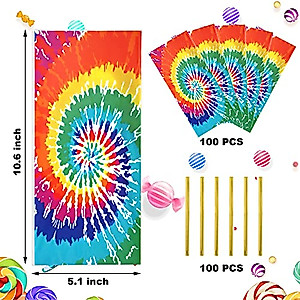 peony man 100 Pieces Tie Dye Cellophane Bags Rainbow Cello Treat Bag Plastic Goodie Storage Bags with 100 Gold Twist Ties for Tie Dye Themed Party Supplies Bakery Popcorn Cookies Candies Packaging