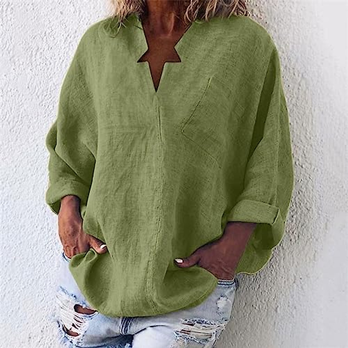 Your Orders Going Out Tops for Women Cotton Linen v Neck Solid Color Shirts Long Sleeve Casual Vacation t Shirts Trendy 2023 Army Green S
