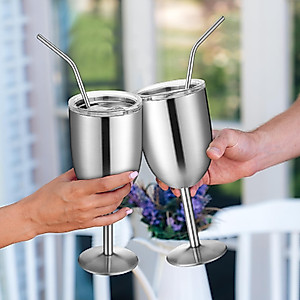 Photect 6 Pack Stemmed Stainless Steel Wine Glasses with Lid 10 oz Double Wall Insulated Wine Tumbler Unbreakable Goblets with Drinking Straw and Straw Brush for Wedding Valentine's Day Party