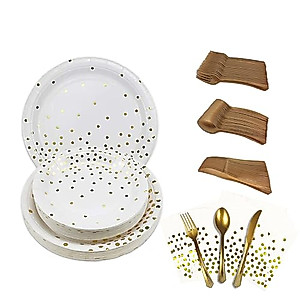 Guang Mao White and Gold Party Supplies-180 PCS Serves 30 Dinnerware Gold Dot Paper Plate, Napkins, Gold Plastic Forks Knives Spoons for Graduation, Birthday, Cocktail Party