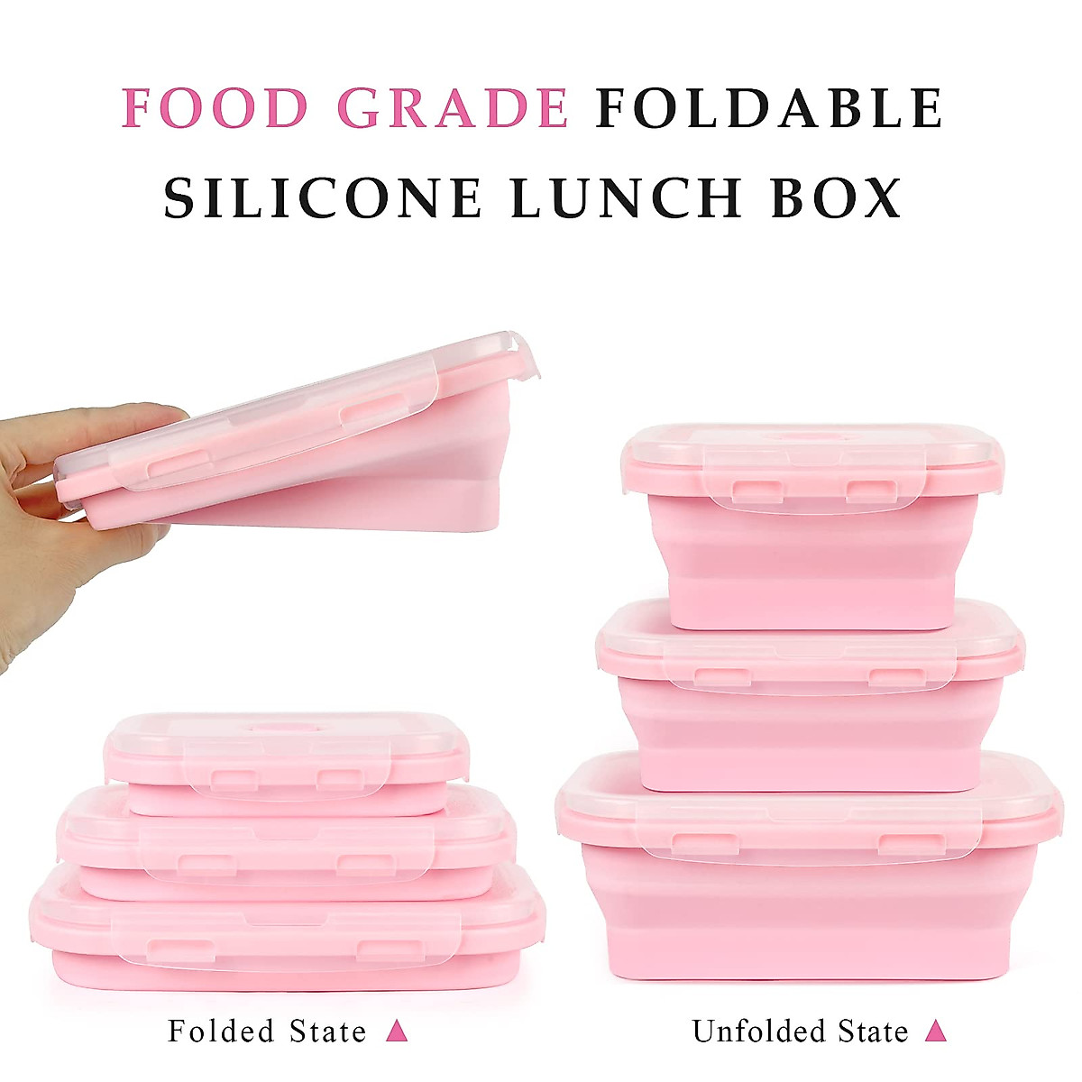 Keweis Silicone Lunch Box Bento Box, Collapsible Folding Food Storage Container with Lids, Kitchen Microwave Freezer and Dishwasher Safe, Set of 3, (Pink)