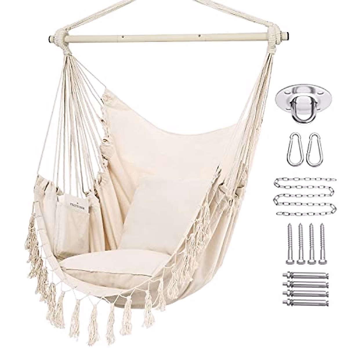 Y- STOP Hammock Chair Hanging Rope Swing, Max 500 Lbs, 2 Cushions Included, Large Macrame Hanging Chair with Pocket for Superior Comfort, with Hardware Kit, Beige