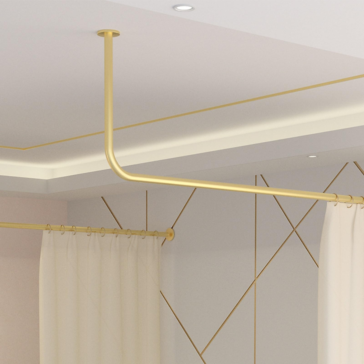 L Shape Room Divider Rod, Wall Mounted Beauty Salon Partitions Separator with 2 M High Privacy Curtains, Fitting Room Office Hospital Shared Bedroom Panel Temporary Wall (Color : Gold Rod+A Curtain,