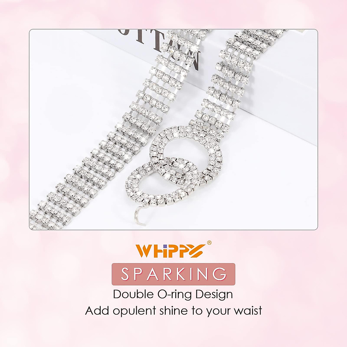 WHIPPY Women Rhinestone Belt Silver Shiny Diamond Fashion Crystal Ladies Double O-Ring Waist Belt for Dresses