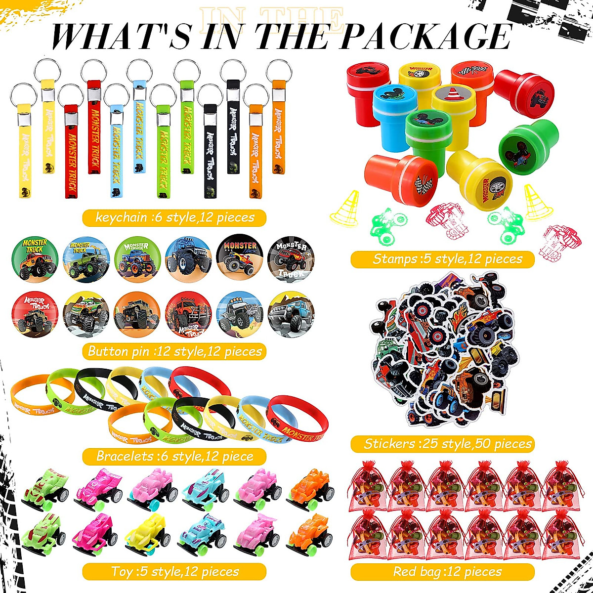 122 Pcs Truck Party Favors Kits Set Truck Theme Mini Cars Toys Cartoon Tattoo Stickers Keychain Wristband Bracelet Badge Stamper Goody Treat Candy Bags for Girls Boys Birthday Party Supplies