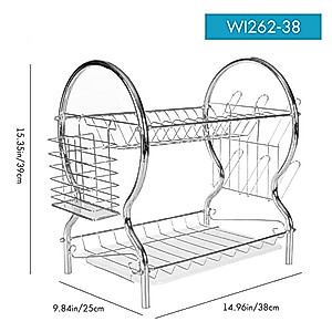 2 Layer 38cm Dish Drainerd Dual Layer Dish Drying Rack Kitchen Collection Shelf Drainer Organizer Over The Sink Mesh Colander Crate and Barrel (Silver, One Size)