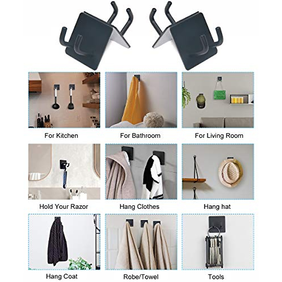 Yikla Adhesive Hooks, Bathroom Wall Towel Hooks, Black Stick Shower Razor Holder, Stainless Steel Door Hangers for Coat Loofah Robes Self Adhesive Organizer for Kitchen