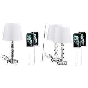 Unfusne Set of 3 Crystal Lamp with USB Port - Touch Control Table Lamp for Bedroom 3 Way Dimmable Nightstand Bedside Lamp with White Fabric Shade, Small Lamps for Living Room, Dorm, Home,Office