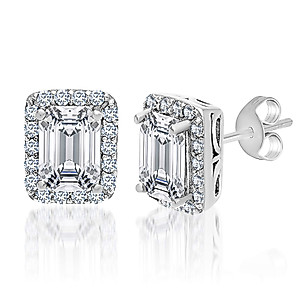 Mia Sarine Rhodium Plated 925 Sterling Silver 1-3/8 Cttw Emerald Cut Cubic Zirconia Stud Earrings for Women White