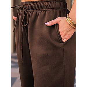 AUTOMET Women's Wide Leg Sweatpants Fleece Lined Baggy Straight Leg Lounge Pants Fall Outfits Athletic Joggers with Pockets Brown L