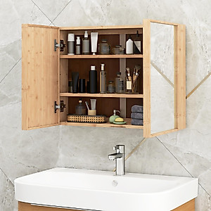 Giantex Medicine Cabinet, Bathroom Medicine Cabinet with Mirror, Reversible Double Door, 2 Adjustable Shelves, Bamboo Vanity Mirror Cabinet for Entryway, Living Room, Bathroom Wall Cabinet, Natural