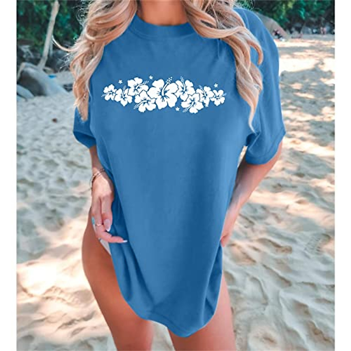 Hawaiian Flower Shirt Women Oversized Hawaii Tshirt Hibiscus Flower Tshirt Beach Shirt Summer Vacation Loose Tops