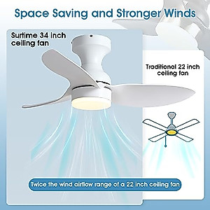 Surtime Low Profile Flush Mount Ceiling Fans with Lights and Remote&APP,34in White Modern Ceiling Fans for Outdoor Patio,Small Room,Bedroom,6 Speeds Reversible,3 Colors Lights Dimmable