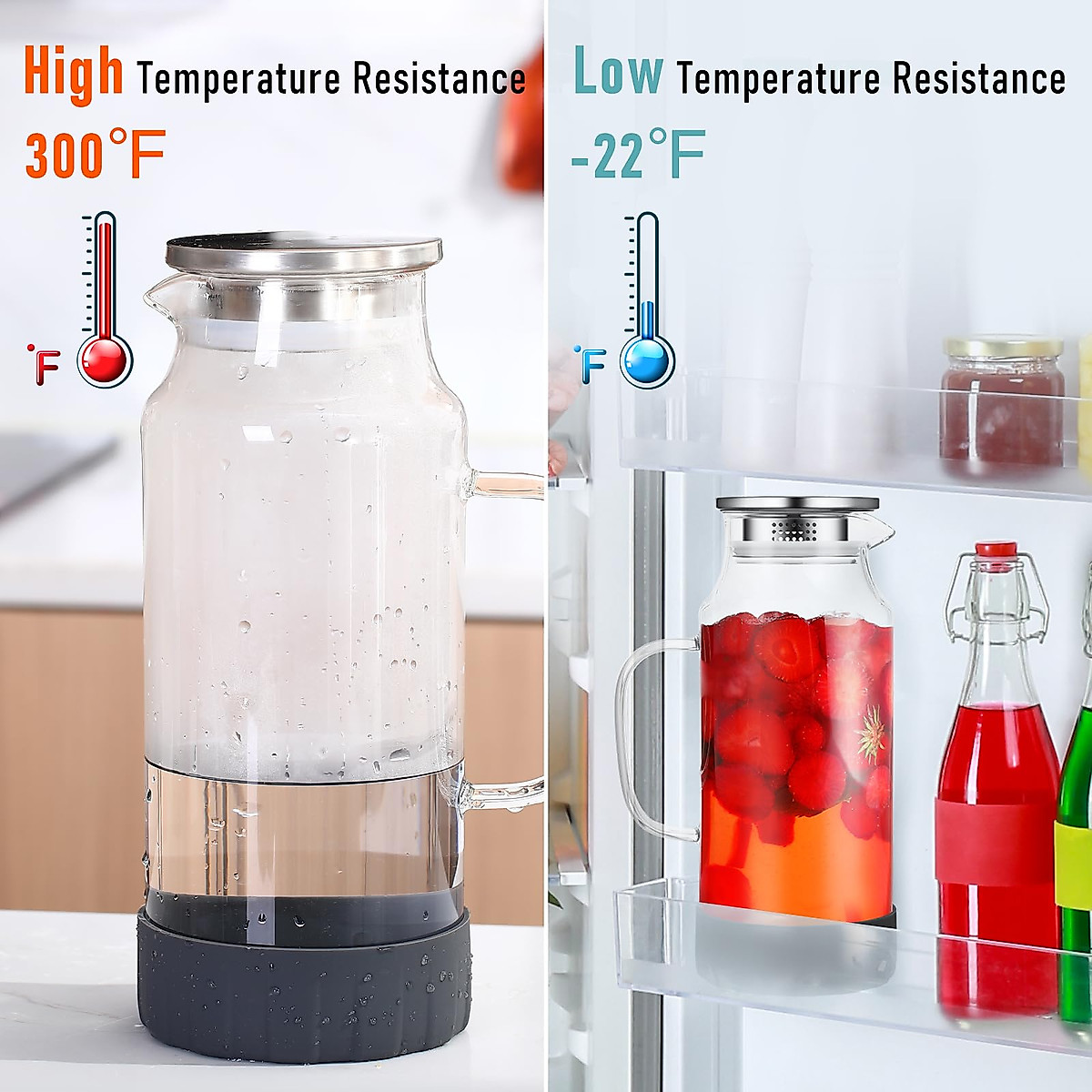 Hsei 2 Liters Glass Pitcher with Lid Water Pitcher for Fridge Water Carafe with Handle for Hot/cold Beverages Heat Resistant Glass Jug for Drink Juice Iced Tea Summer(68 oz,Black Coaster)