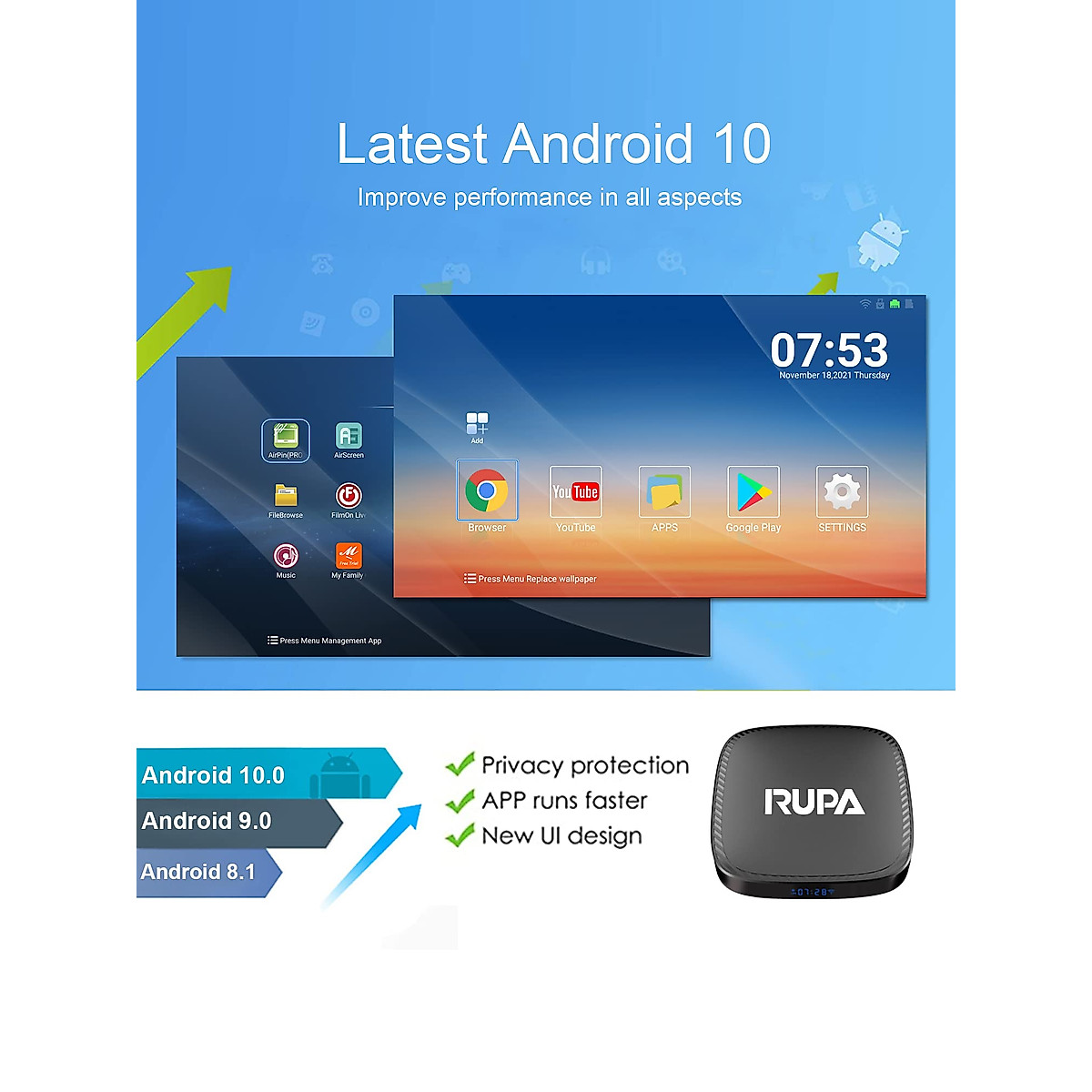 Android10 TV Box Smart TV Box Set Top Box with Mini Wireless Backlit Keyboard /4G RAM 32G ROM/USB 3.0/ Ultra HD 4K/6K /HDR 10+/ Dual Band WiFi 2.4 /5.8GHz /BT4.2