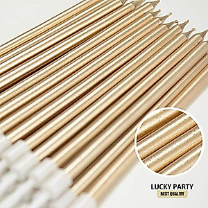 24 Count Birthday Party Long Thin Cake Candles Metallic Birthday Candles in Holders for Birthday Cakes Decorations , Champagne Gold by Lucky Party