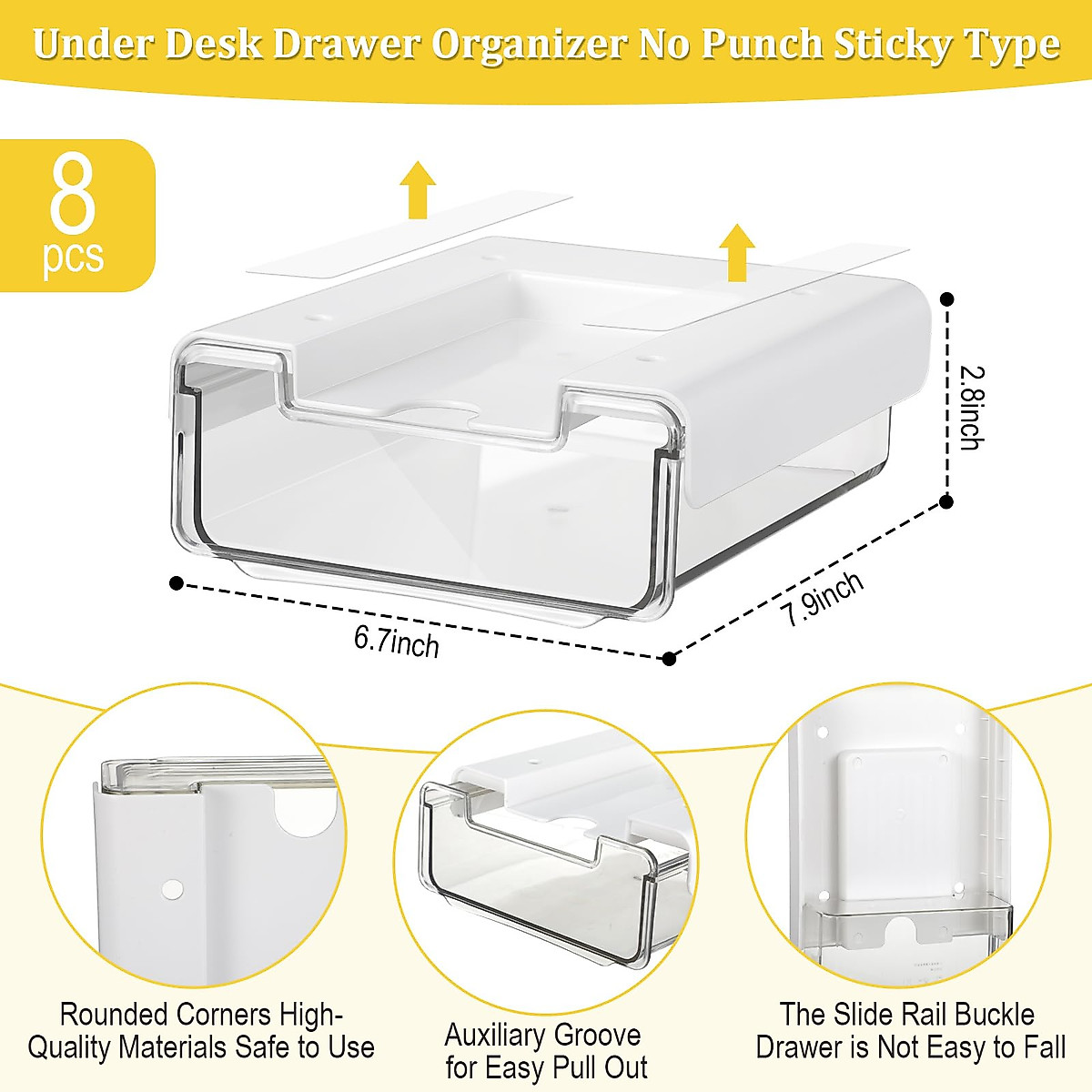 Geetery 8 Pcs Self Adhesive Slide Out Attachable Drawer Tray Under Desk Drawer Table Hidden Storage Mounted Desktop Pencil Holder Tray Drawers Up to 11 lbs Organizer for Office Home School Kitchen