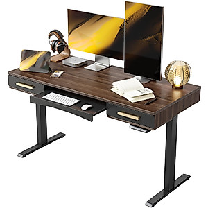 FEZIBO 48" x 26" Mid-Century Modern Electric Standing Desk with 2 Drawers & 1 Keyboard Tray, Whole-Piece Stand Up Home Office Desks, Vintage Top/Black Frame (2 Packages)
