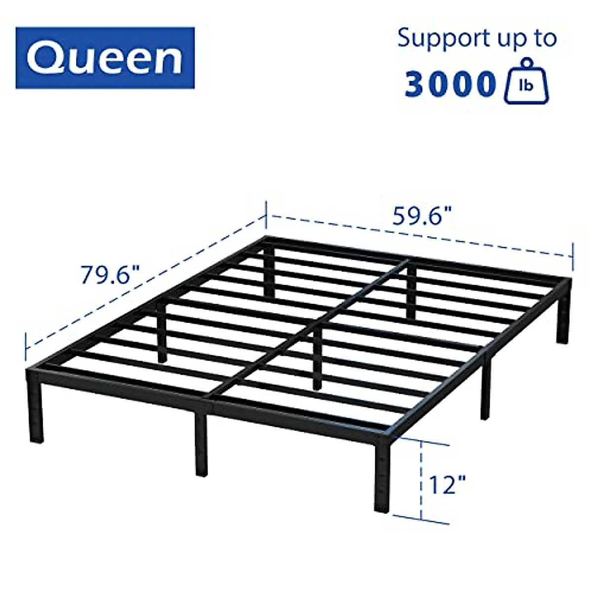 Maenizi 12 Inch Bed Frame Queen Size No Box Spring Needed, Heavy Duty Queen Platform Metal Bed Frame Support Up to 3000 lbs, Easy Assembly, Noise Free, Black