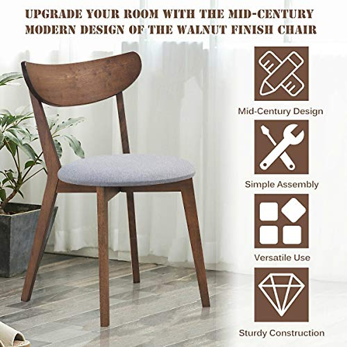 COSTWAY Set of 2 Dining Chairs, Mid-Century Dining Side Chairs with Curved Back and Cushioned Seat, Rubber Wood Legs Chairs with Sturdy Construction, Comfort Chairs for Living Room, Bedroom, Kitchen