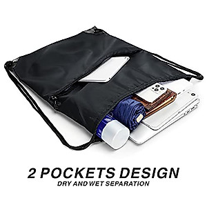BuyAgain Drawstring Backpack Sports Water Resistant String Bag Sport Gym Sackpack for Women Men Large with Zipper, Black