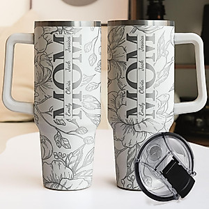Pandzee Personalized Engraved 40oz Tumbler, Custom Kids' Names Tumbler, Floral Mom Mother's Day Gifts, Gift for Grandma Grandmother