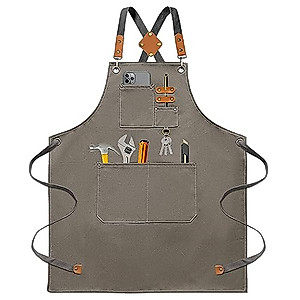 Bluegogo Chef Aprons for Men Women, Cotton Canvas Cross Back Adjustable Apron with Large Pockets for Kitchen Garden Salon (Grey)
