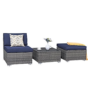 Patiorama 3-Piece Patio Furniture Set, Outdoor Sectional Sofa, All-Weather Grey PE Wicker Rattan Conversation Set, Outdoor Couch Loveseat Sofa w/Coffee Table for Deck Balcony Pool(Navy Blue Cushion)