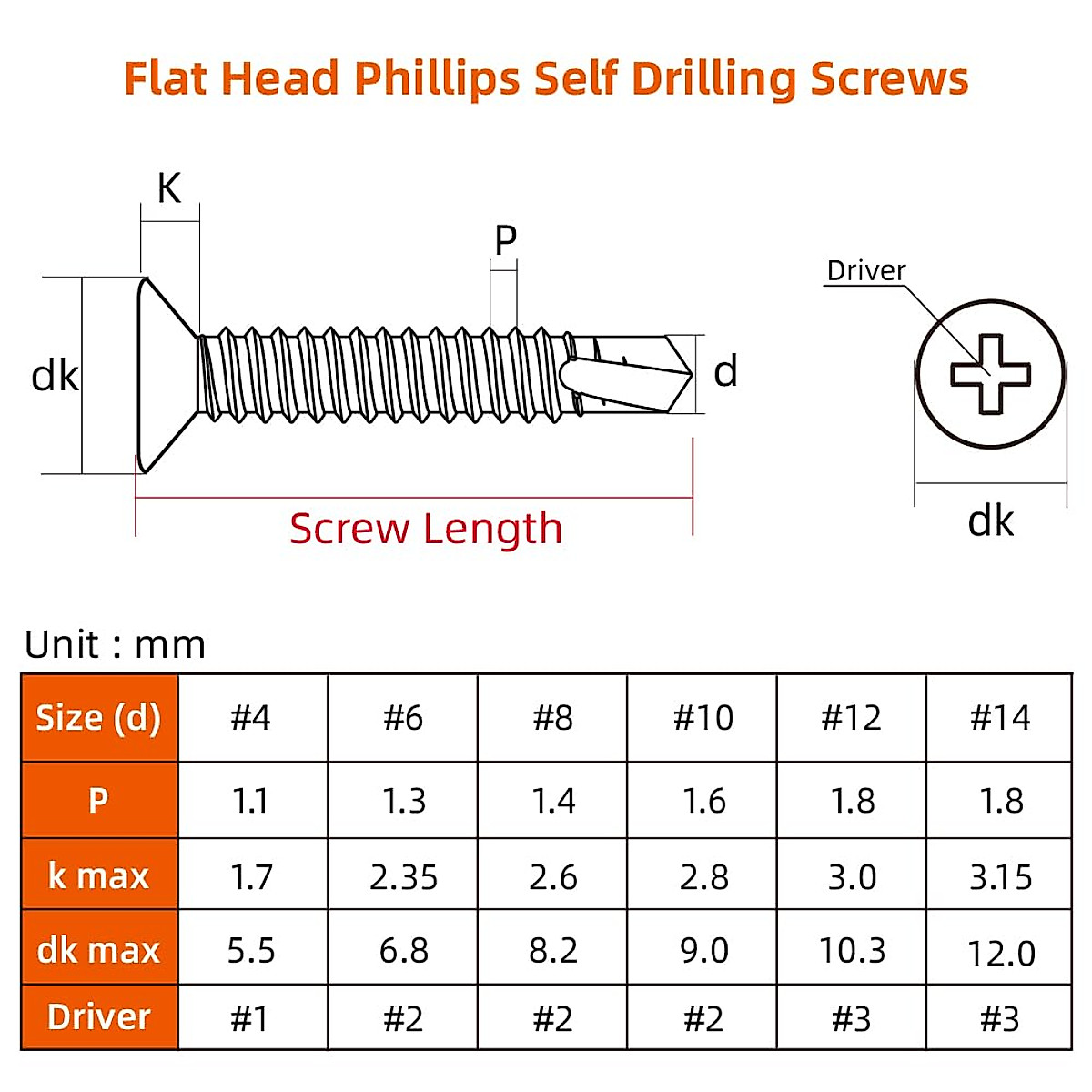 #6 x 1/2" Flat Head Self Drilling Screws Sheet Metal Screws, 410 Stainless Steel, 100 PCS