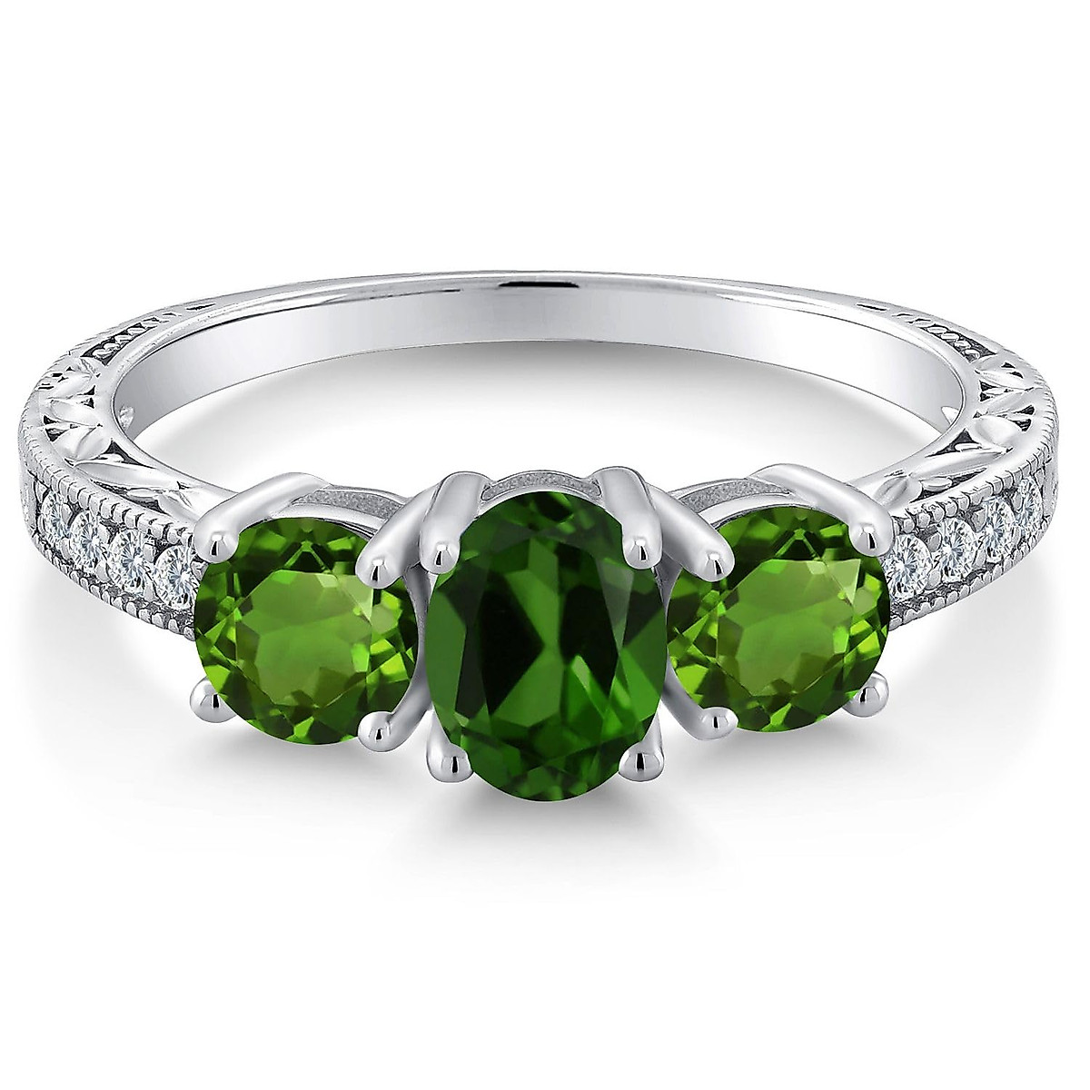 Gem Stone King 925 Sterling Silver Green Chrome Diopside 3-Stone Engagement Ring For Women (1.82 Cttw, Available 5,6,7,8,9) (Size 8)