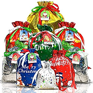 38PC Christmas Gift Bags with Colorful Drawstring |10 Seconds Wrapping Gift| Holiday Gift Bags Assorted Sizes Small Medium Large Jumbo, Xmas Gift Treat Bags with Tags for Party Favors Present Wrapping