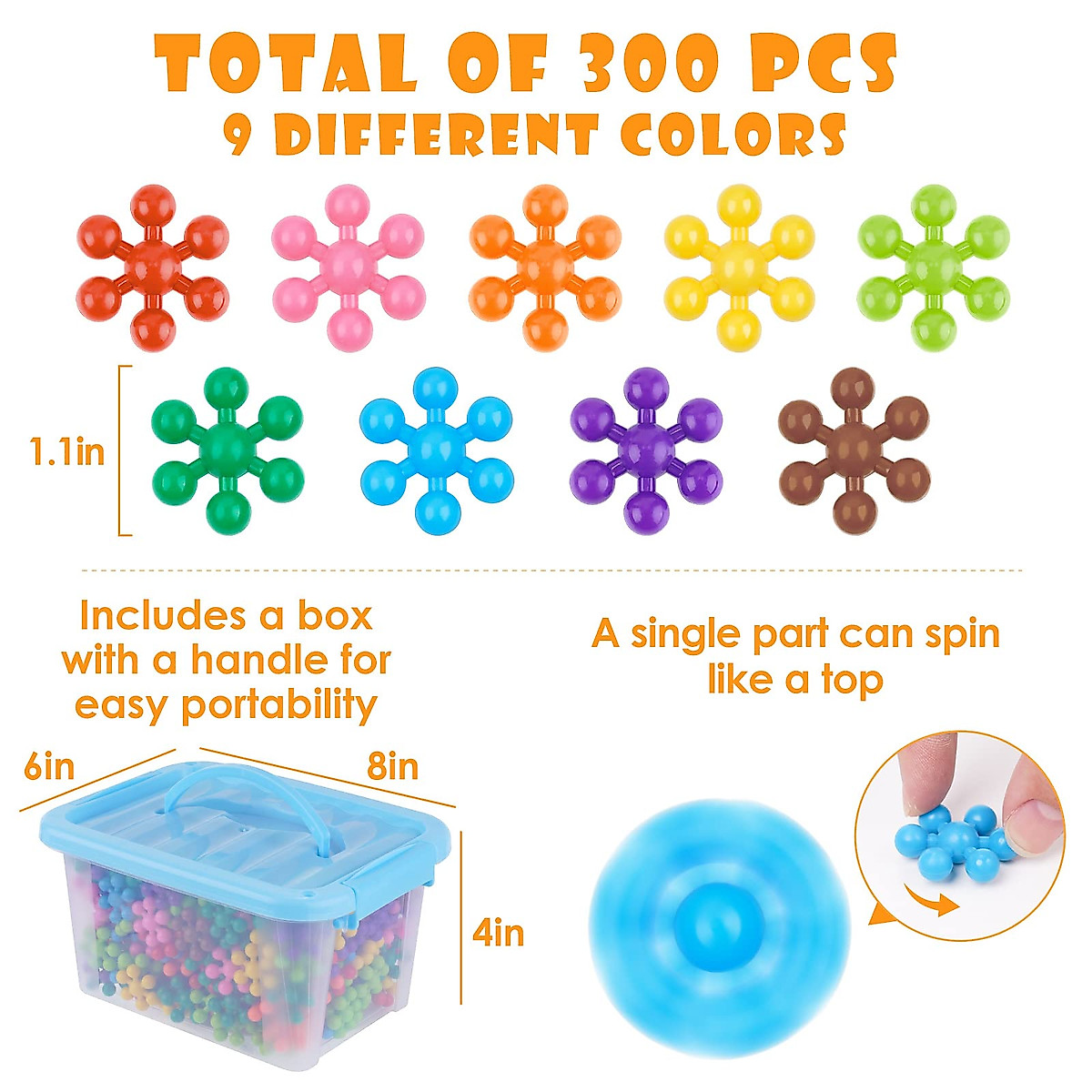 NiToy Snowflake Interlocking Building Block Educational Toy 300PCS for Kids Ages 3+, Multi-Color Solid Plastic Early Learning Creativity STEM Toy with Carrying Case Safe Material