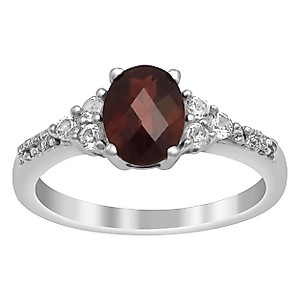 925 Sterling Silver Oval Cut Garnet Gemstone Side stone Dainty Solitaire Ring (6)