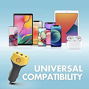 Shell USB Car Charger 3 Port 54W Type C Car Charger Adapter,30W PD USB C+ Dual QC USB A for iPhone 12/Pro/Max/Mini/iPad Pro/Air/Mini,MacBook Air,Google Pixel, Tablets,GPS