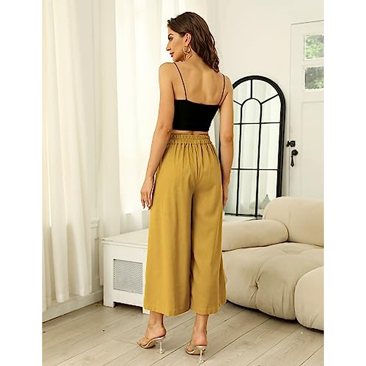 Bianstore Women's Culottes Cotton Linen Wide Leg Palazzo Pants Elastic Waist Capri Trousers with Pockets(Yellow-L)