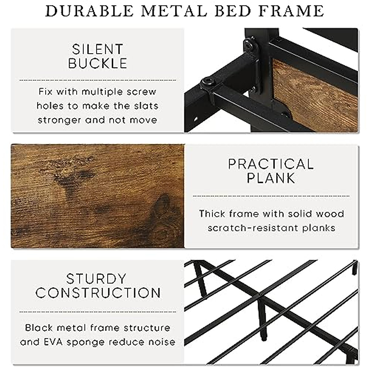 AnwickNomo Queen Size Metal Platform Bed Frame with Wooden Headboard and Footboard, Heavy Duty Rustic Country Style Mattress Foundation with Strong Slat Support, No Box Spring Needed, Noise-Free