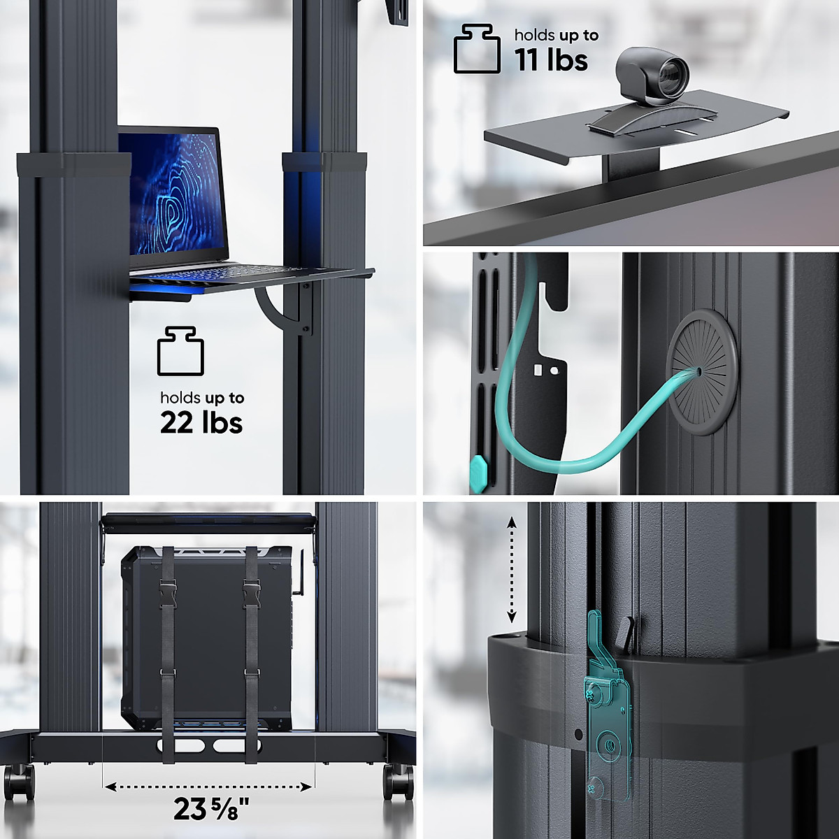 ONKRON Mobile TV Stand on Wheels for 70-110 Inch TV up to 320 lbs, Heavy Duty TV Stand Height Adjustable with Shelf & Aluminum Columns, max VESA 1000x600 Wide TV Cart Rolling TV Stand Portable Black