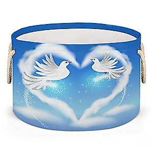 Heart Shape Bird Couple Large Round Baskets for Storage Laundry Baskets with Handles Blanket Storage Basket for Bathroom Shelves Bins for Organizing Nursery Hamper Girl Boy