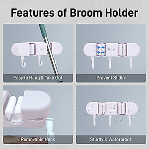 AACGIN Broom Holder Wall Mount with 2 Slots & 3 Hooks Heavy Duty Garden Tool Organizer Broom Holder for Home Laundry Room Kitchen Closet Shed Garage Organization and Storage - White