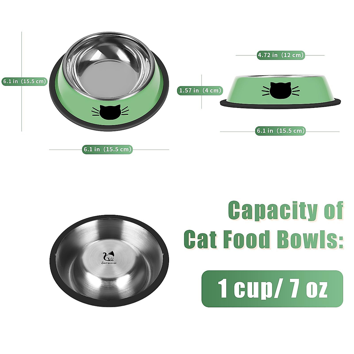 Serentive 2Pcs Cat Bowls Non-Slip Stainless Steel Small Cat Food Bowls Unbreakable Thicken Cat Feeder 7 Oz Cat Dishes Suitable for Indoor Small Pets Removable Rubber Base Easily Clean Lovely Color