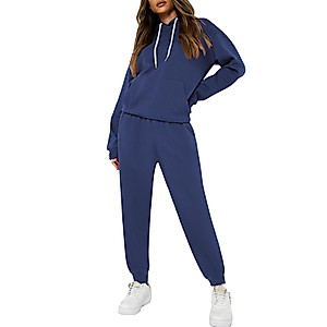 Fixmatti Hoodie Sweat Suit Women Clothing Long Sleeve Sweatpants Sport Jogger Set Navy Blue M